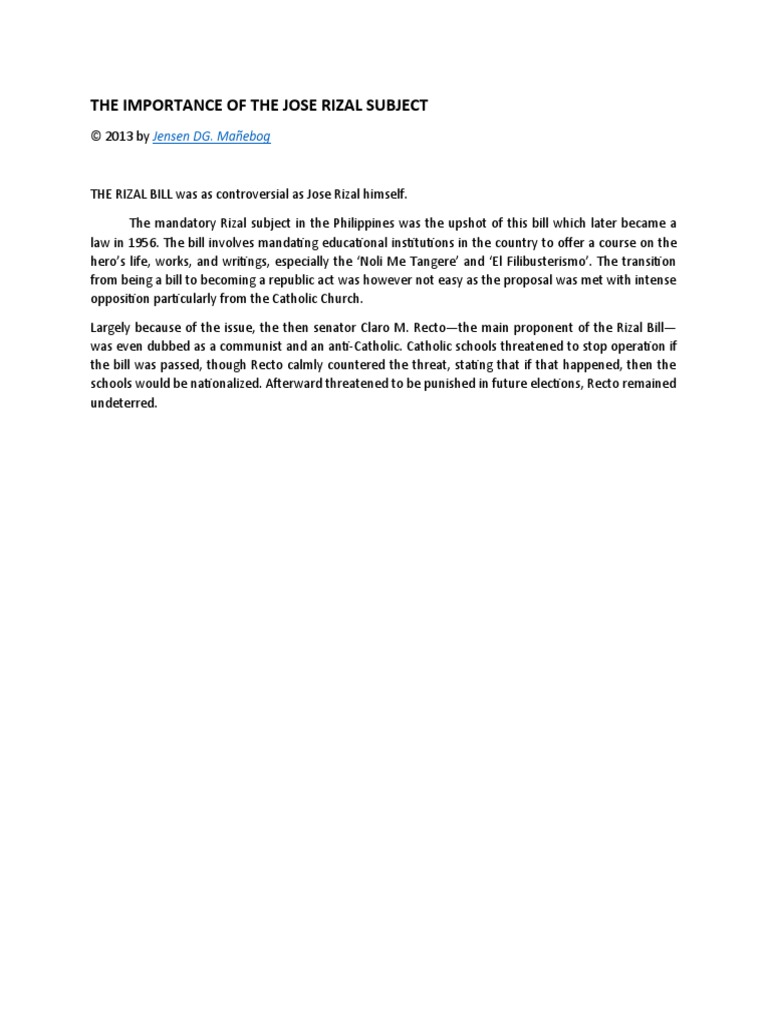 The Importance of The Jose Rizal Subject | PDF