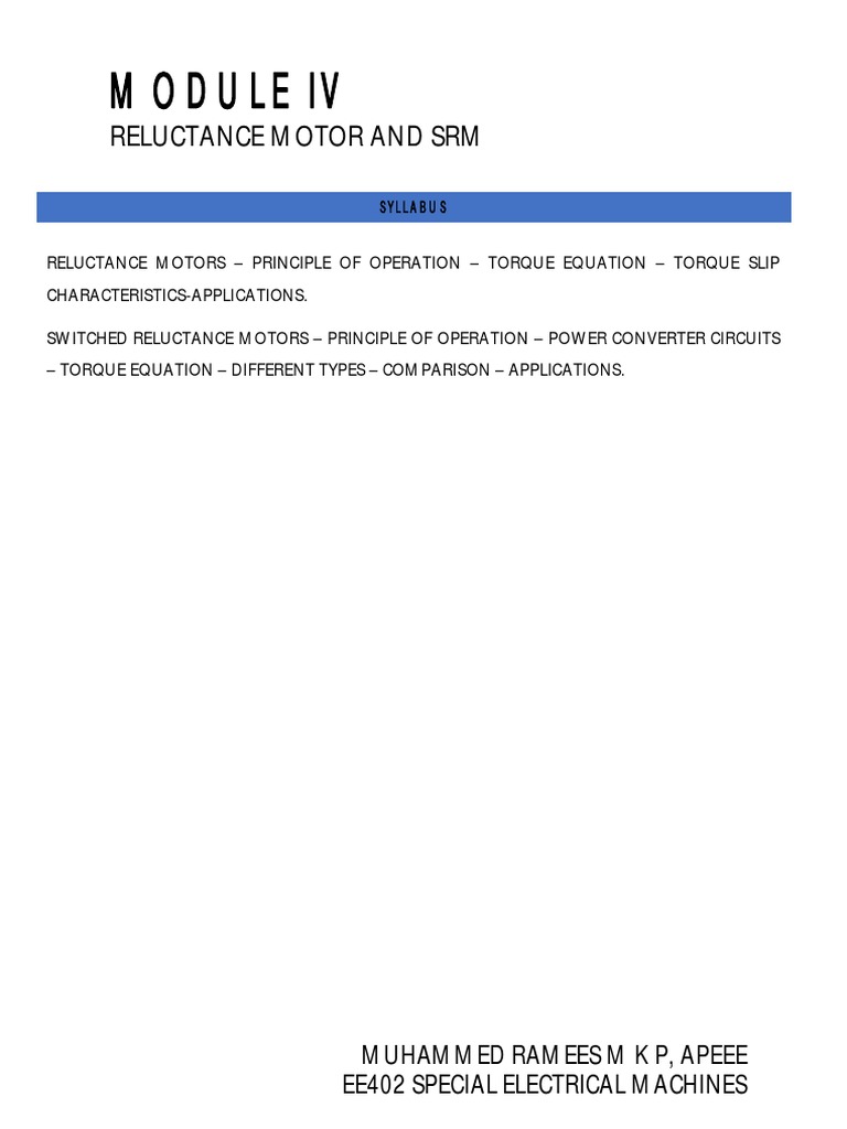 Reluctance Motor and SRM: Muhammed Ramees M K P, Apeee Ee402 Special ...