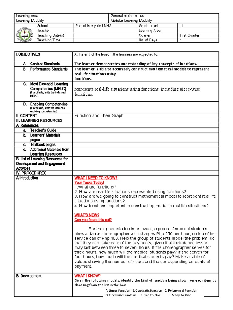Represents Real-Life Situations Using Functions, Including Piece-Wise ...