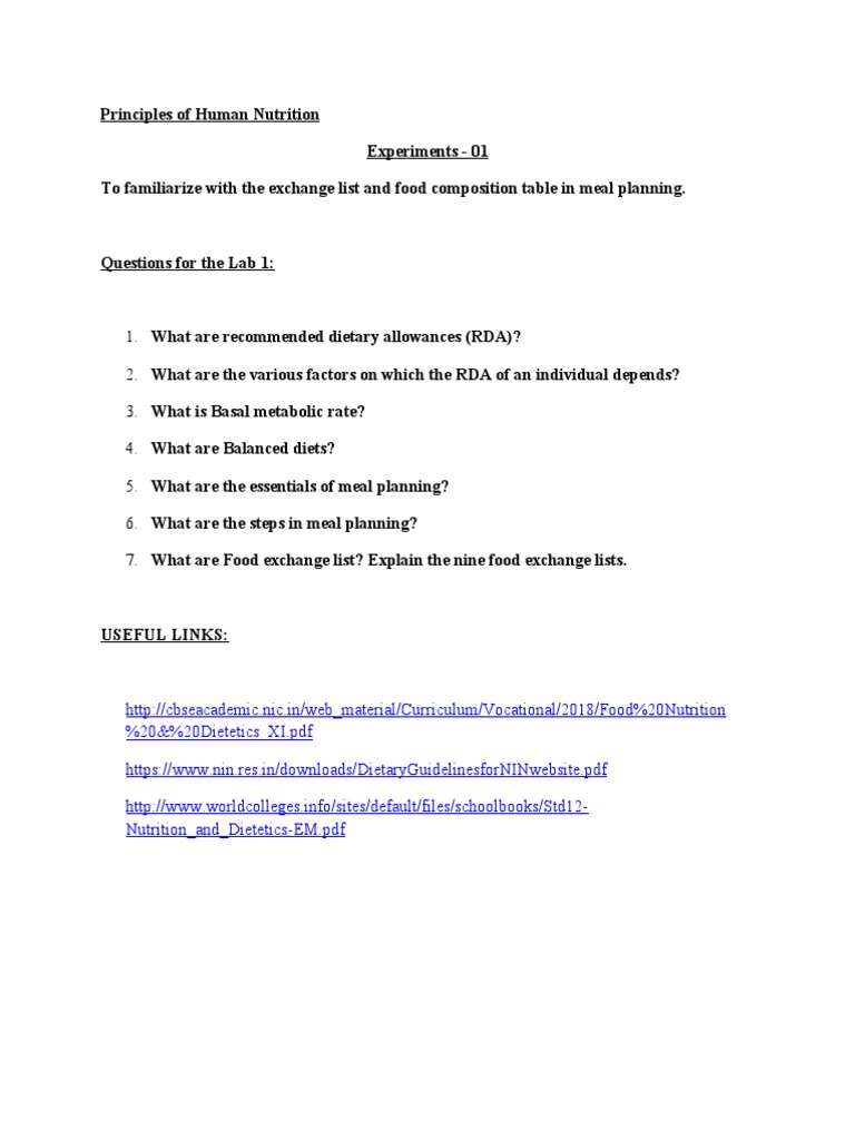 Principles of Human Nutrition Experiments - 01 To Familiarize With The ...
