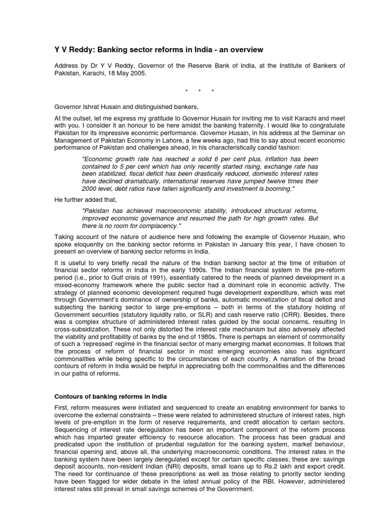 Y V Reddy: Banking Sector Reforms in India - An Overview | PDF | Basel ...