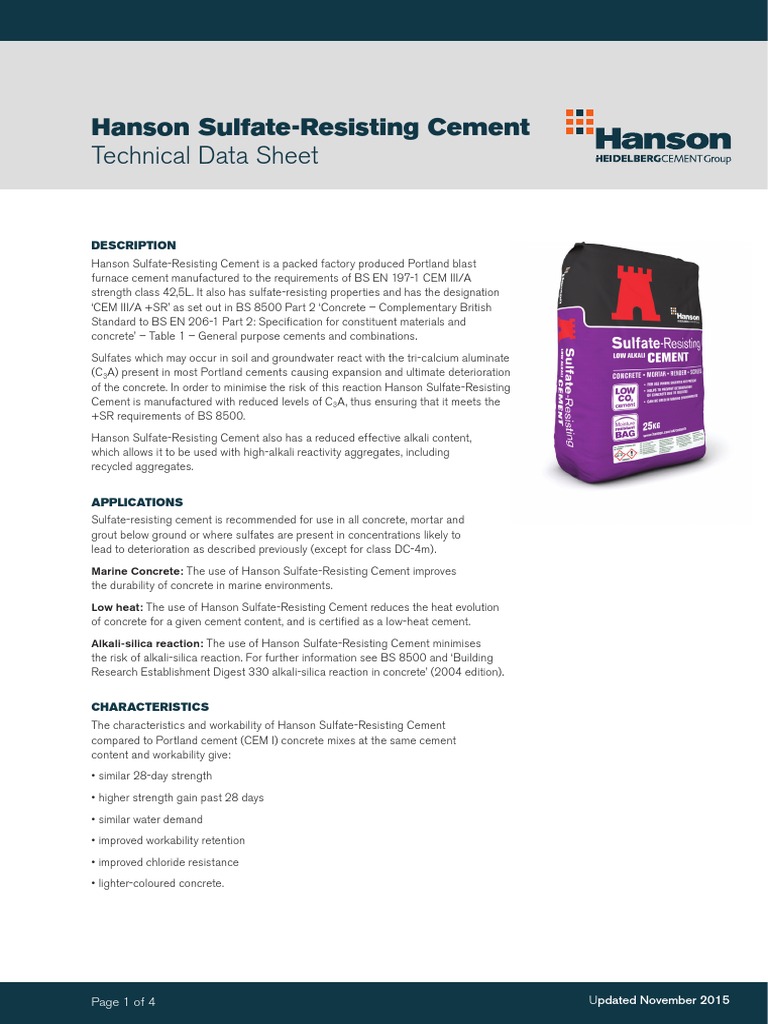 Technical Data Sheet: Hanson Sulfate-Resisting Cement | PDF | Concrete ...