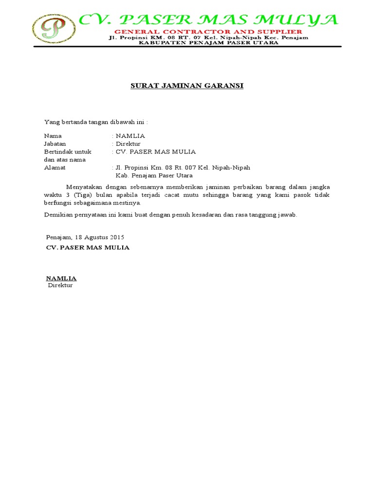 Surat Jaminan Garansi | PDF
