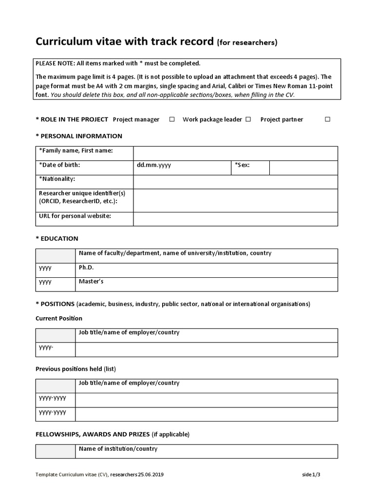 Curriculum Vitae With Track Record: Role in The Project Personal ...