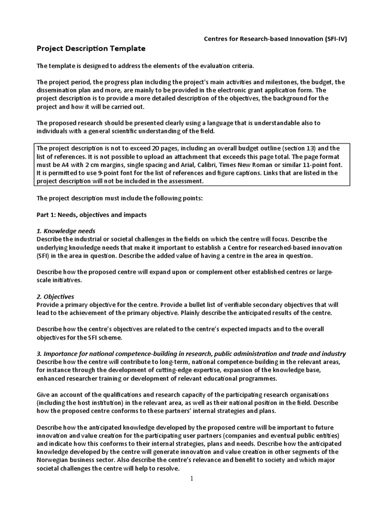 Project Description Template: Centres For Research-Based Innovation ...