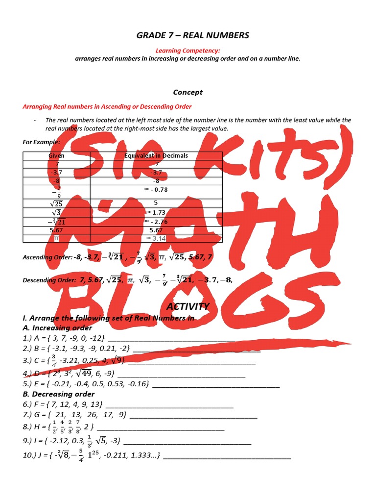 Arranging Real Numbers for Grade 7 | PDF