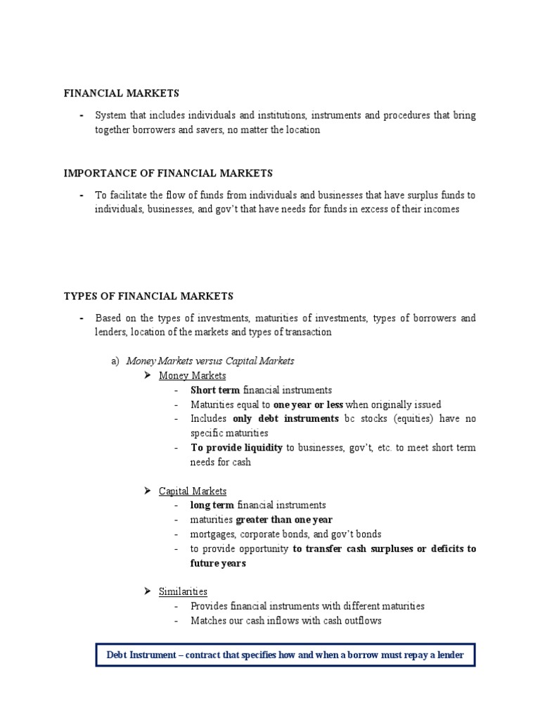 Financial Markets - : Debt Instrument - Contract That Specifies How and ...