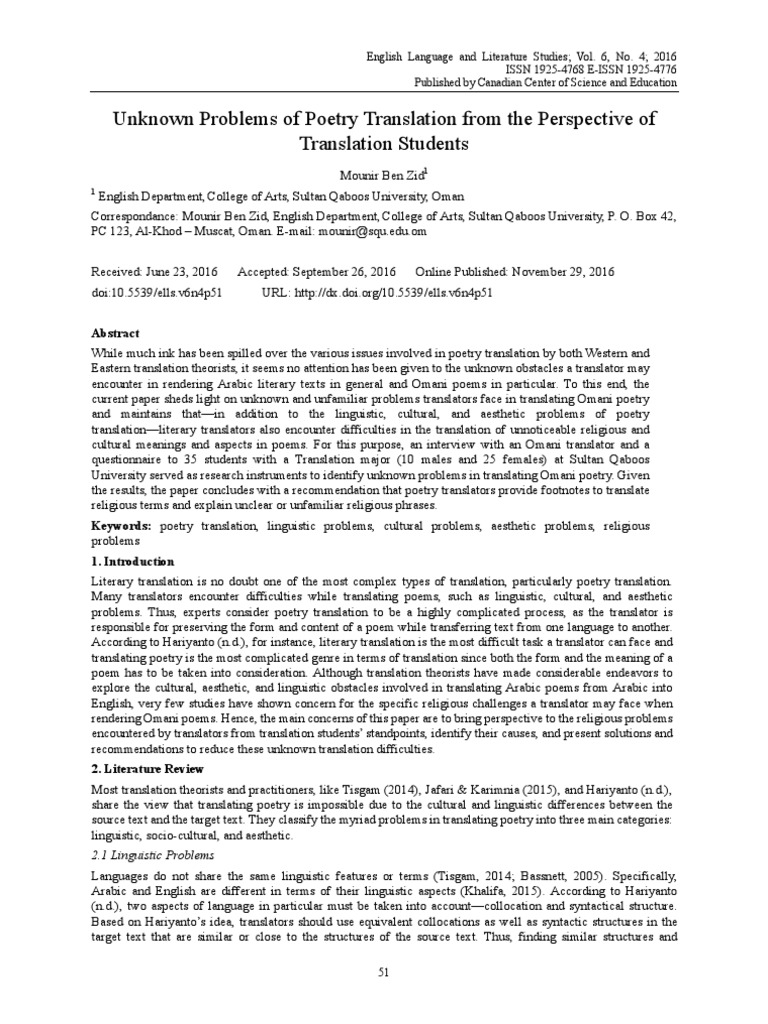 Unknown Problems of Poetry Translation From The Pe PDF | PDF ...