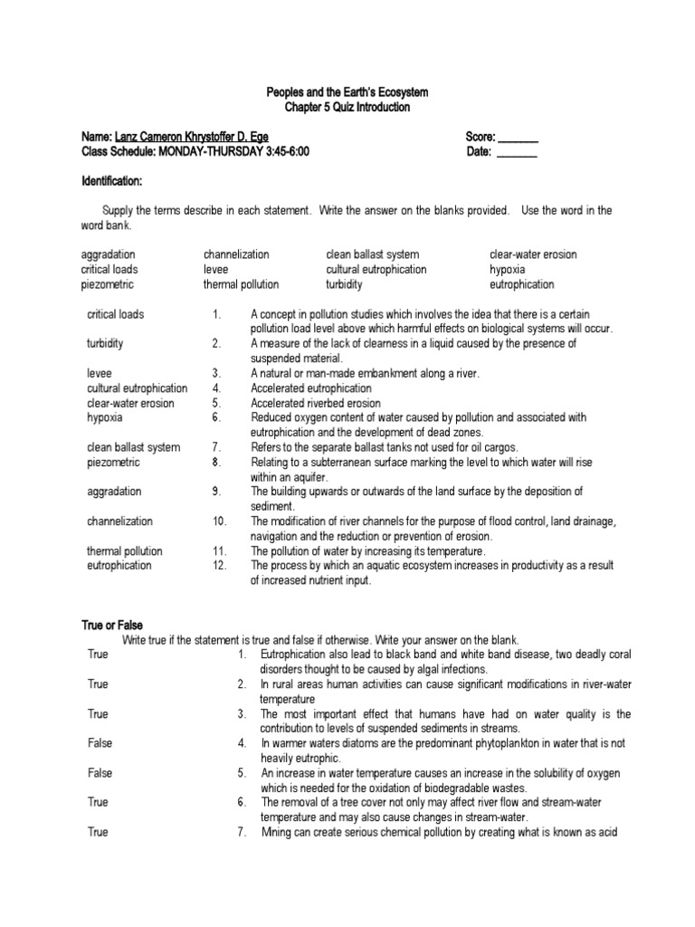 Ecosystem Quiz: Water Pollution Terms | PDF | Eutrophication | River