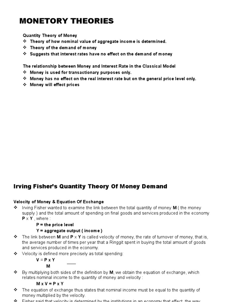 Monetory Theories: Quantity Theory of Money | PDF