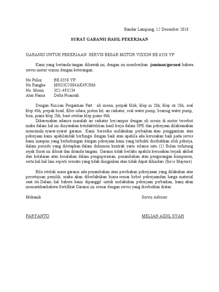 Surat Garansi Hasil Pekerjaan | PDF