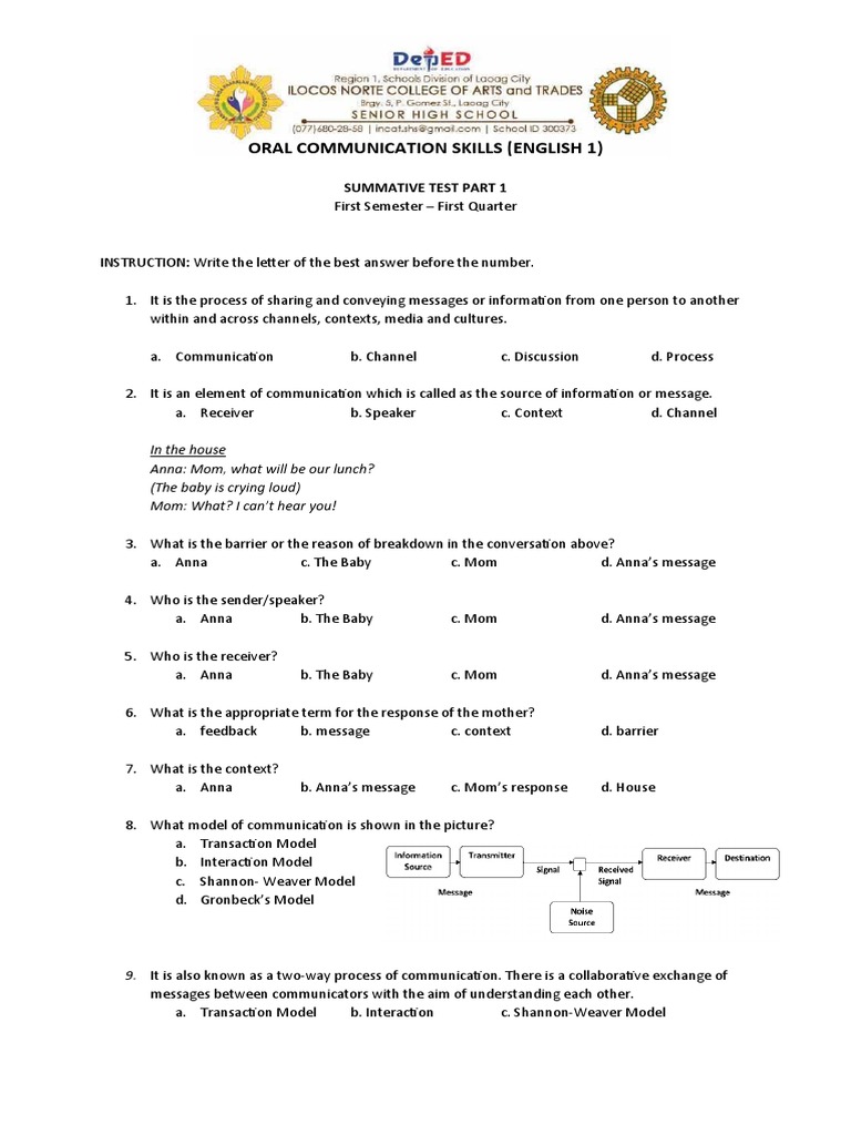 Oral Communication Skills (English 1) : Summative Test Part 1 | PDF ...
