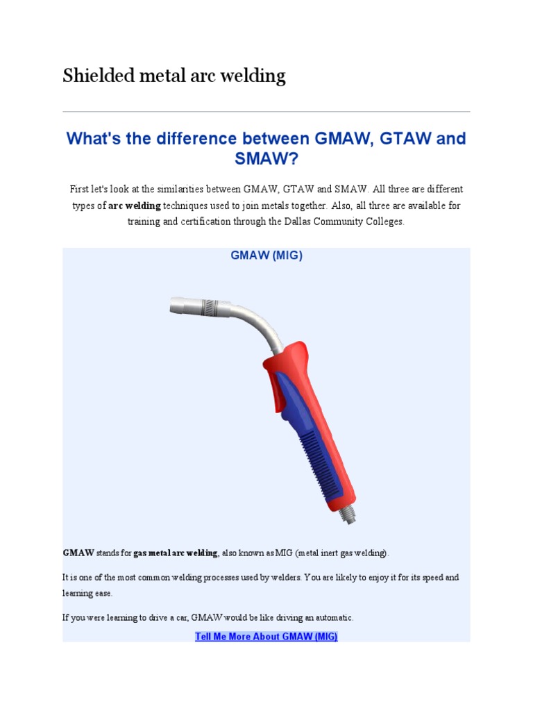 Shielded Metal Arc Welding: What's The Difference Between GMAW, GTAW and Smaw? | PDF | Welding ...