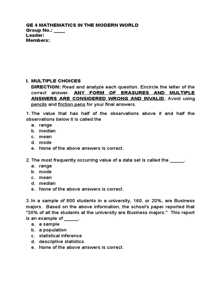 GE 4 MATHEMATICS IN THE MODERN WORLD STATISTICS | PDF | Mean | Standard ...