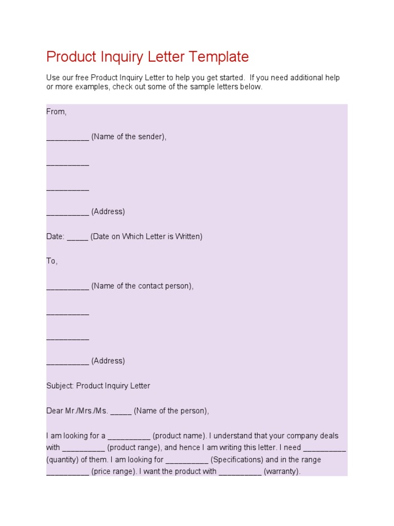 Product Inquiry Letter Template | PDF | Business | Computers
