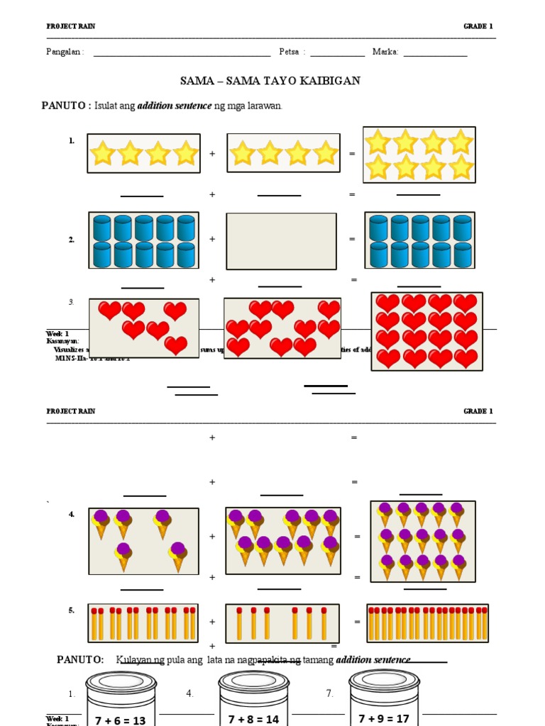 Sama - Sama Tayo Kaibigan: PANUTO: Isulat Ang Addition Sentence NG Mga ...