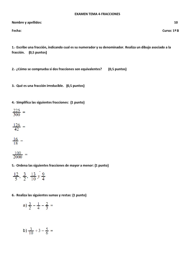 Examen de Fracciones para 1º B | PDF
