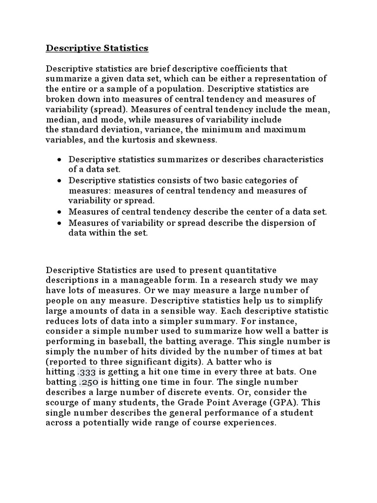 Descriptive Statistics | PDF | Descriptive Statistics | Statistical ...