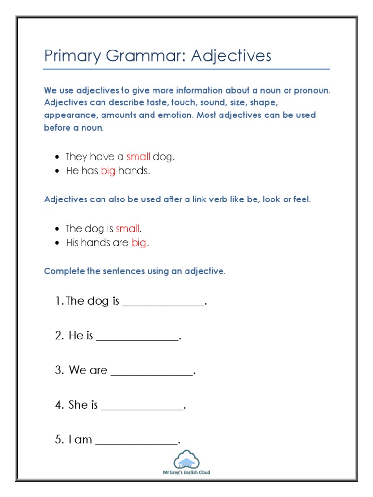 Primary Grammar: Adjectives: - They Have A Dog. - He Has Hands | PDF ...