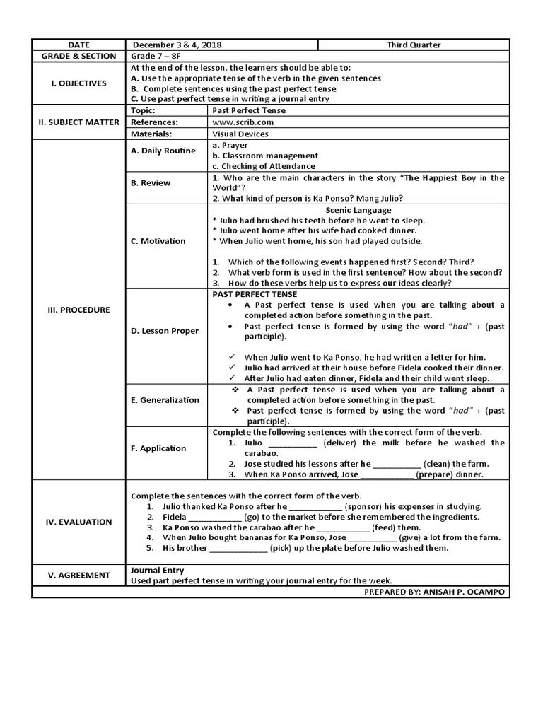 Lesson Plan G7 | PDF | Perfect (Grammar) | Grammatical Tense