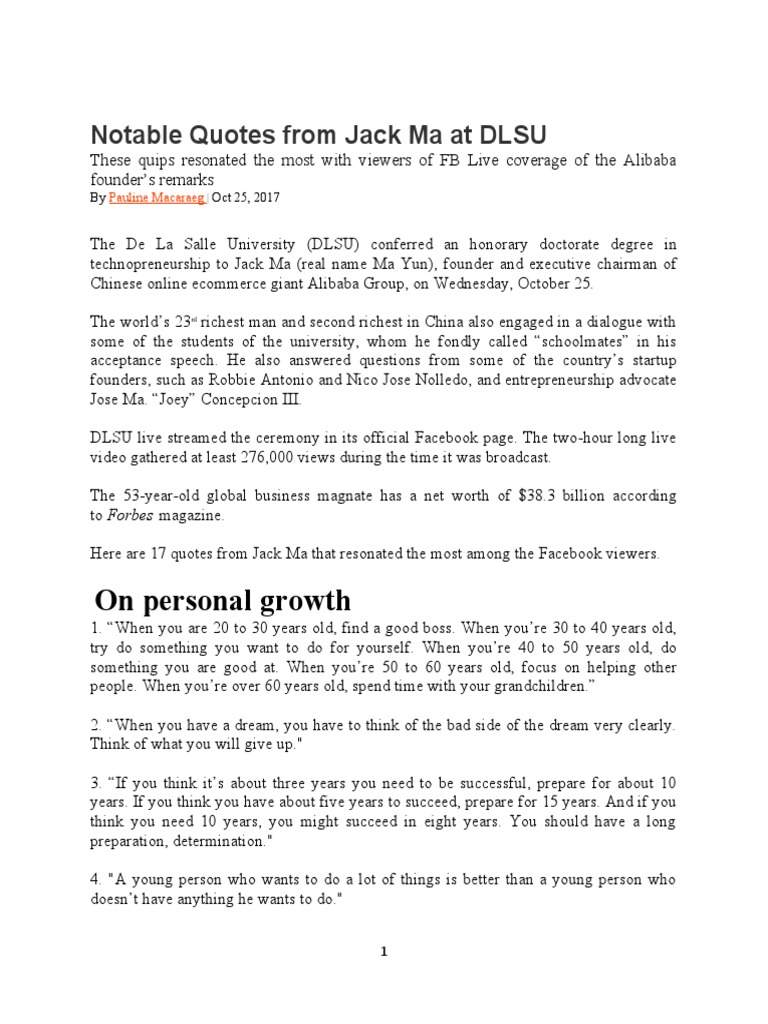 Notable Quotes From Jack Ma at DLSU | PDF | Business