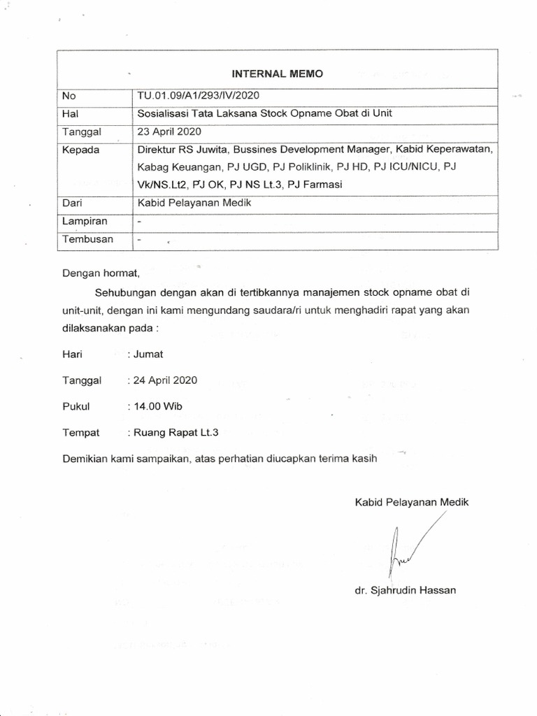 Internal Memo Sosialisas Tata Laksana Stock Opname Obat Di Unit | PDF ...