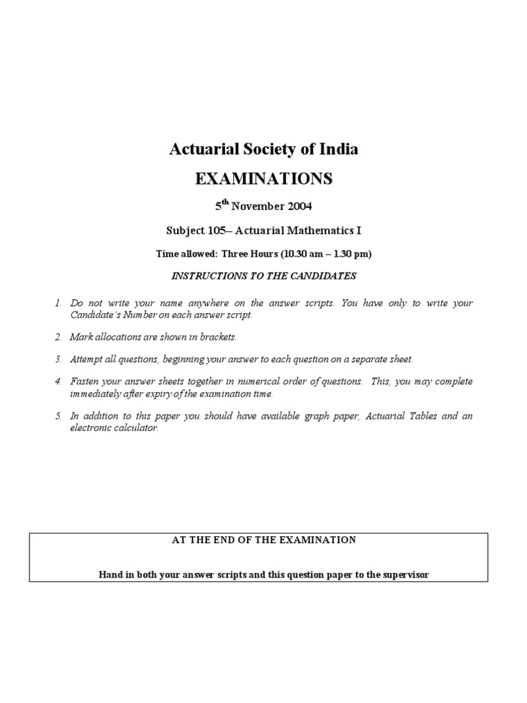 Actuarial Examination for Subject 105 - Actuarial Mathematics I ...