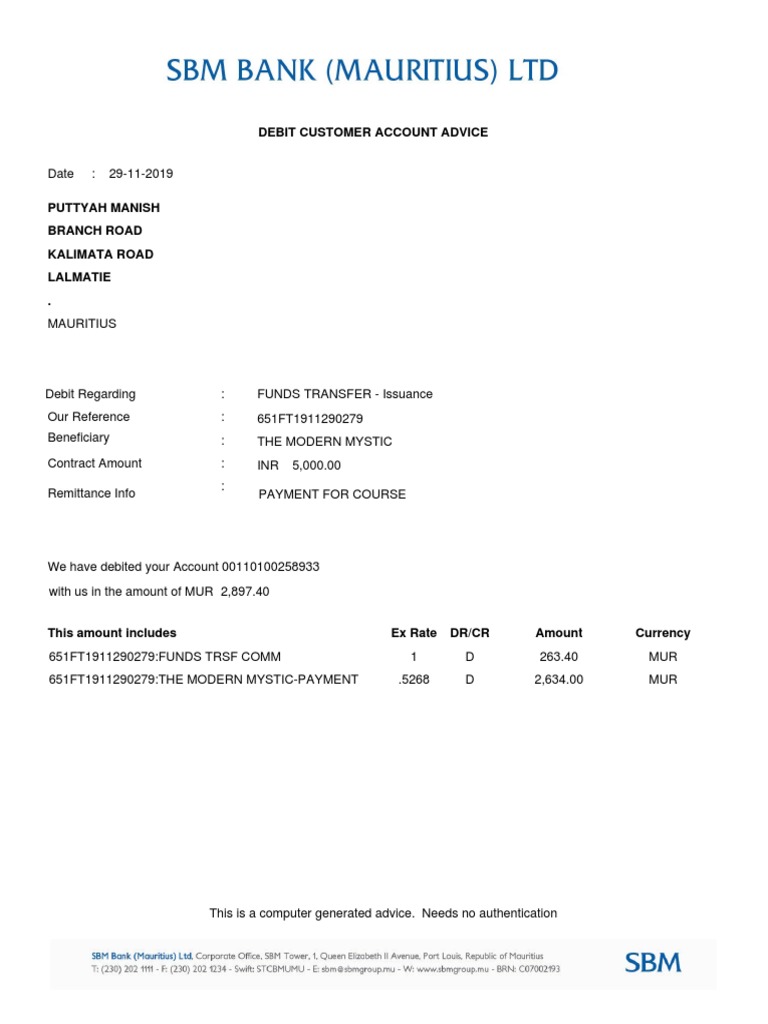 Debit Customer Account Advice | PDF | Finance & Money Management | Law