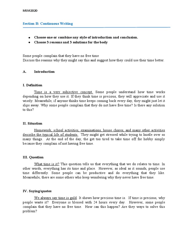 Section B: Continuous Writing | PDF | Leisure | Time