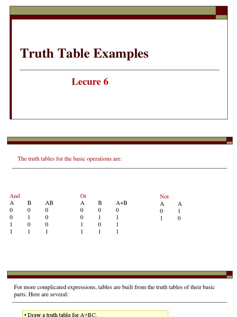 Truth Table Examples: Lecure 6 | PDF | Teaching Methods & Materials