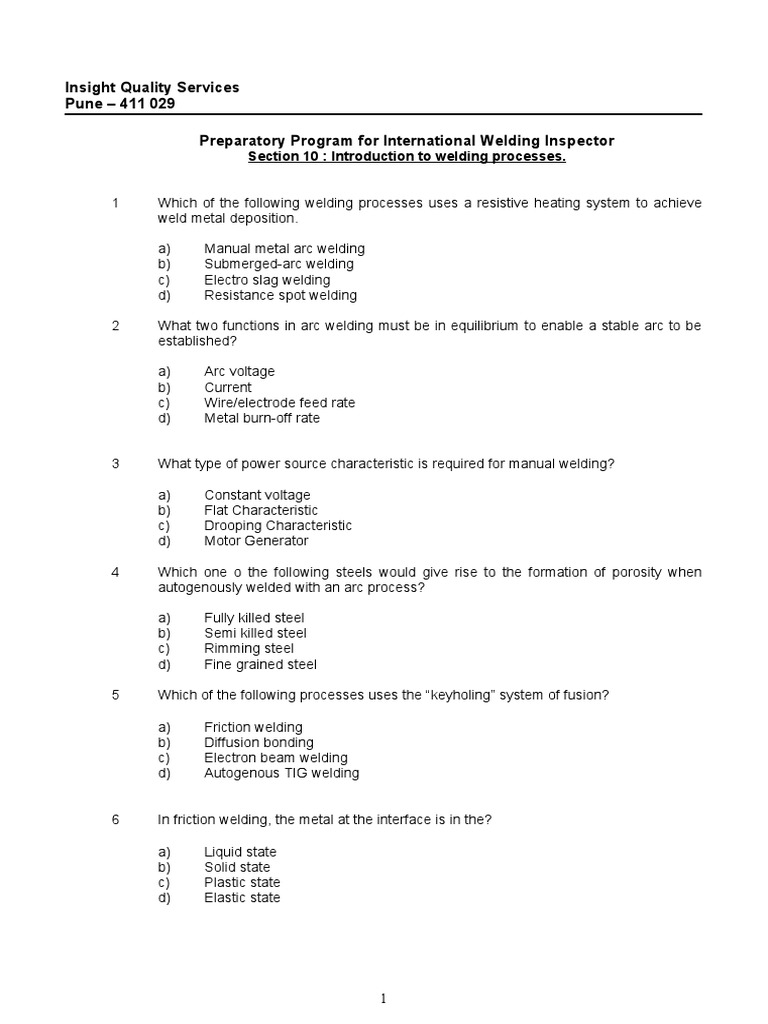 Section 10 Questions | PDF | Electric Arc | Welding