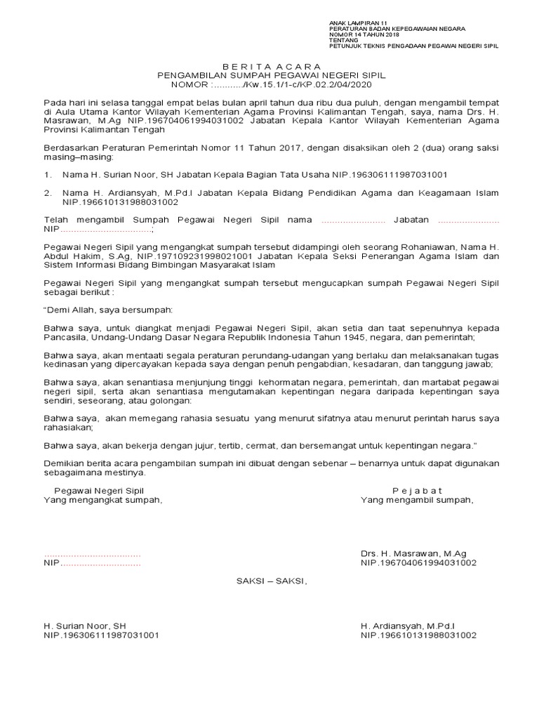 Berita Acara Sumpah PNS 2020 | PDF