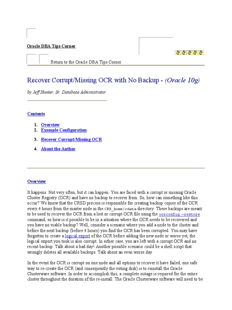 Recover Corrupt/Missing OCR With No Backup - (Oracle 10g) : Oracle DBA Tips Corner | PDF ...