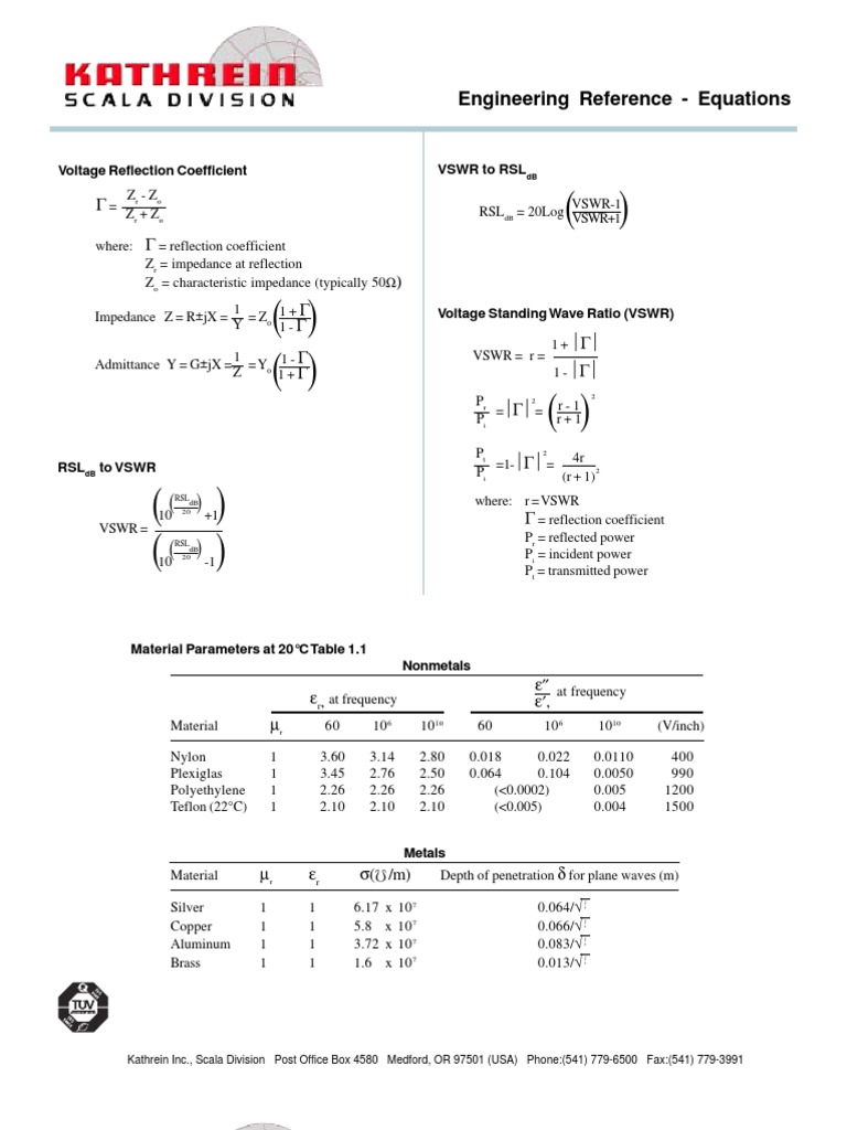 Engineering Reference - Equations: Voltage Reflection Coefficient VSWR To RSL | PDF | Antenna ...