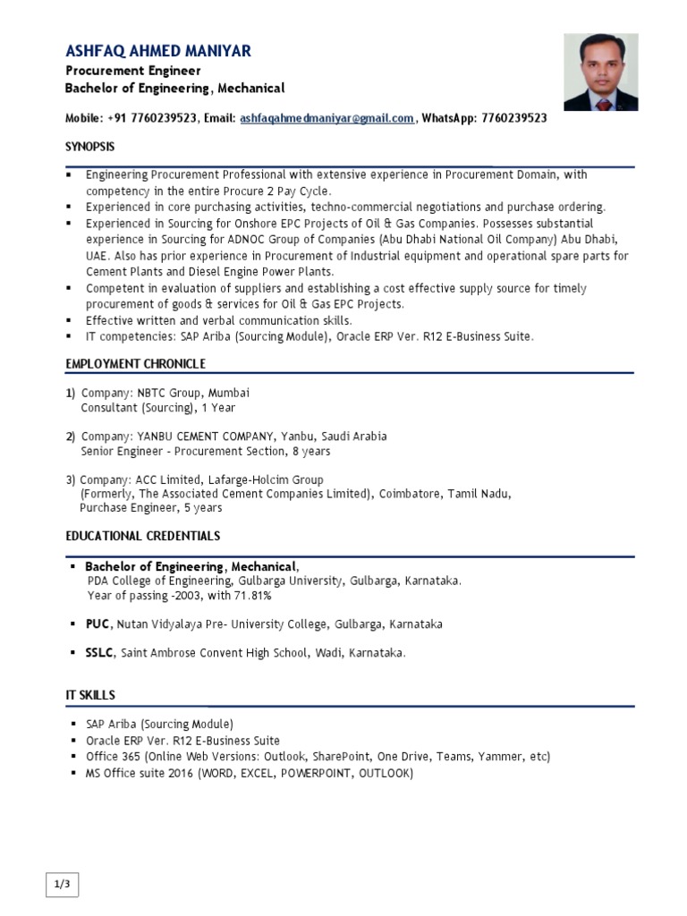 Ashfaq Ahmed Maniyar - CV | PDF | Engines | Procurement