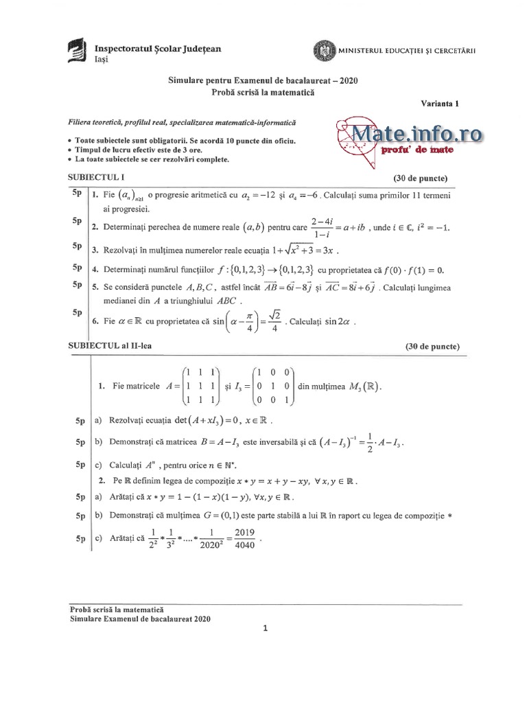 Mate - Info.Ro.4751 SIMULARE BACALAUREAT 2020 - IASI - MATE INFO | PDF