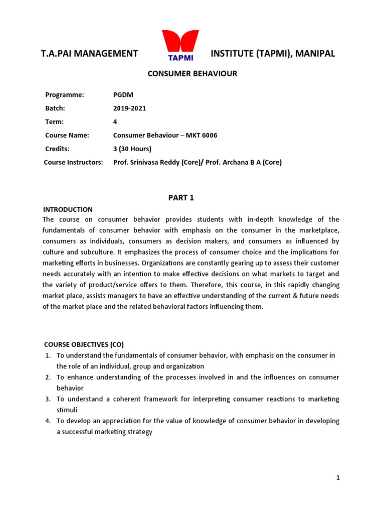 Consumer Behaviour Course Outline | PDF | Consumer Behaviour | Behavior