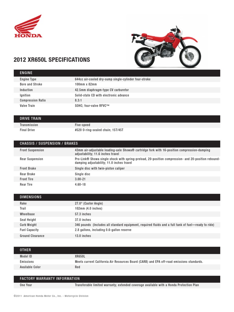 2012 Xr650L Specifications: Engine | PDF | Vehicles | Motor Vehicle