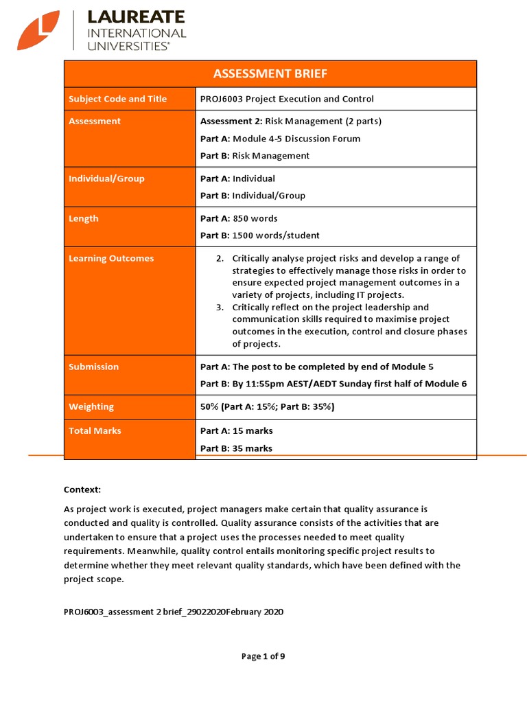 Assessment Brief (Risk Management Report) | PDF | Project Management ...