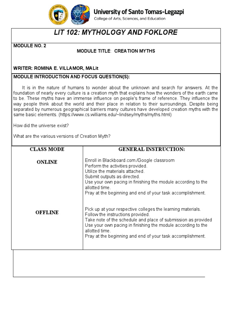 Mythology Module 2 Topic 1 Full | PDF | Creation Myths | Learning