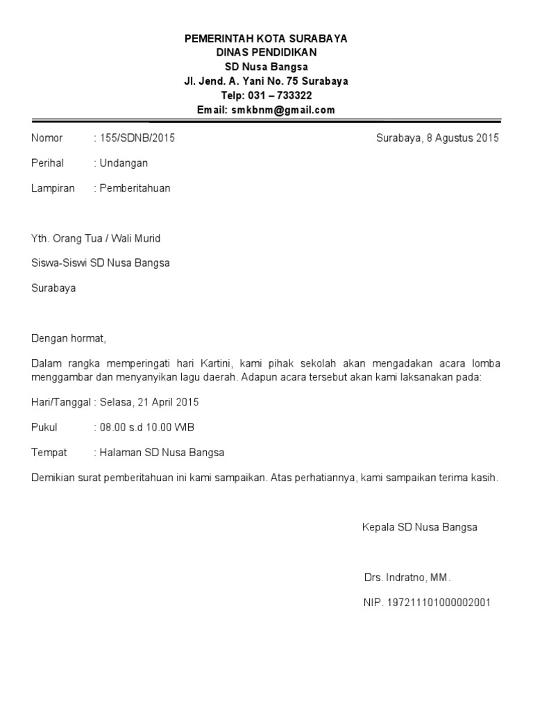 Contoh Surat Pemberitahuan Kegiatan Sekolah | PDF