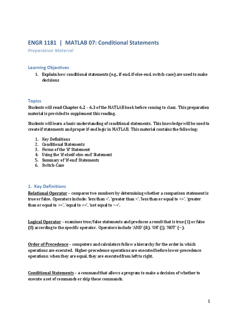 ENGR 1181 - MATLAB 07: Conditional Statements: Learning Objectives | PDF | Computer Programming ...