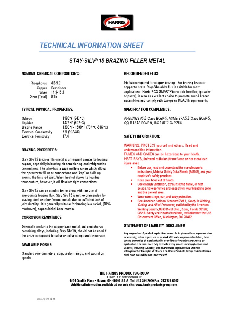 Technical Information Sheet: Stay-Silv 15 Brazing Filler Metal | PDF ...