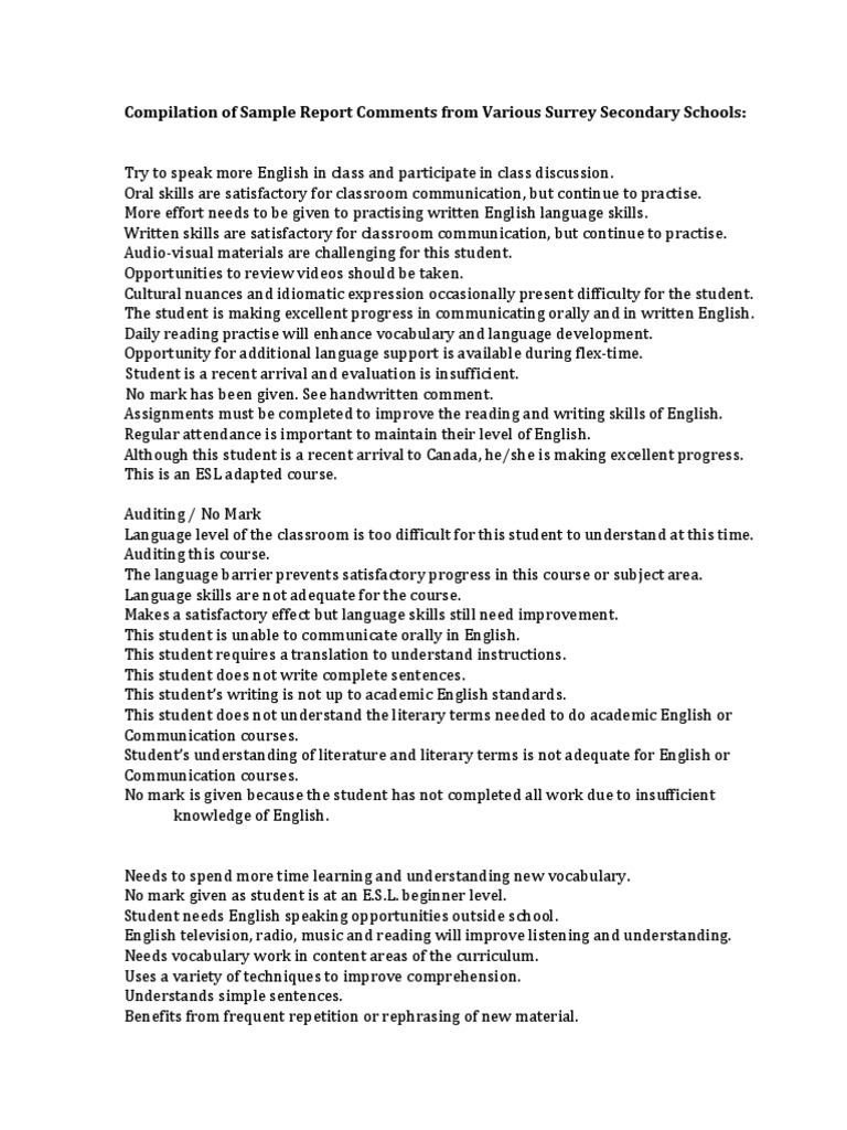 5 Esl Report Card Comments PDF | PDF | English Language | Reading ...