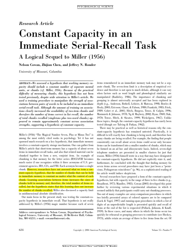 Cowan - Memory | PDF | Recall (Memory) | Working Memory