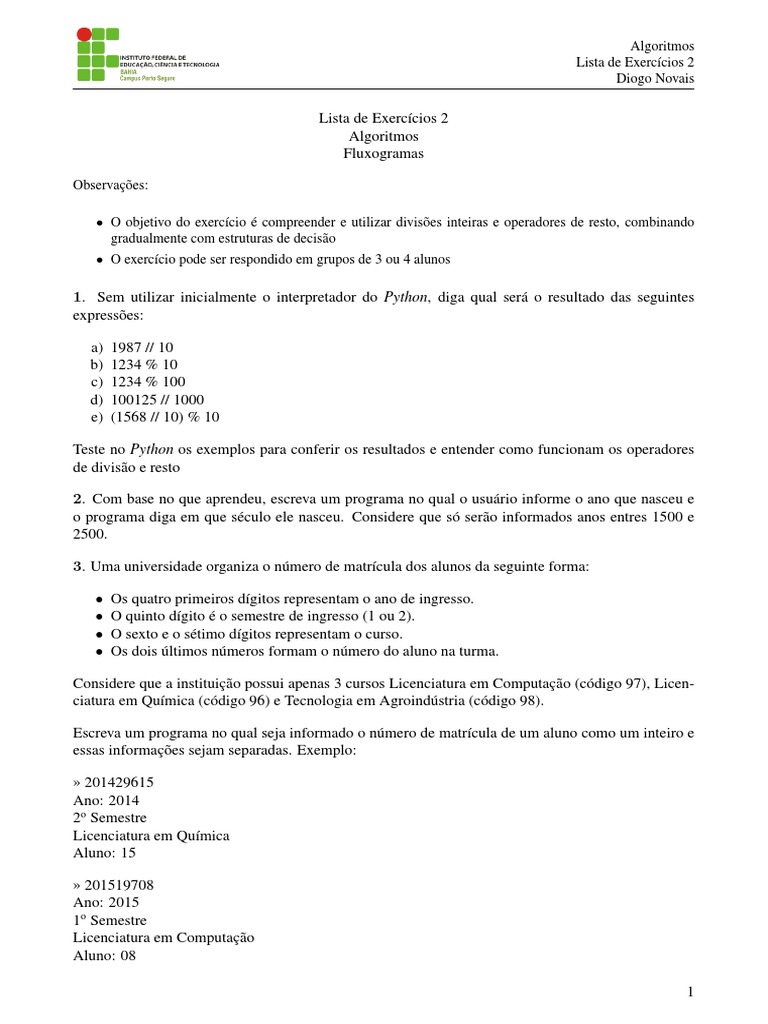 Lista de Exercicios 2 Algoritmos | PDF | Algoritmos | Python (linguagem ...
