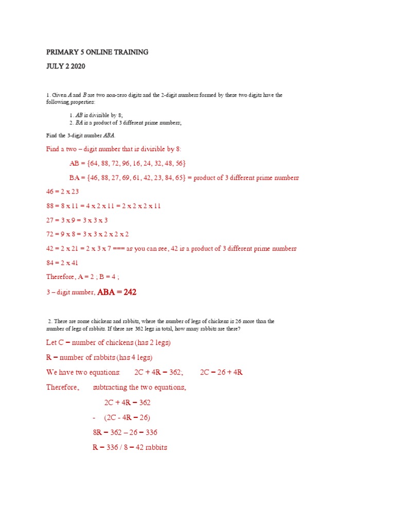 Primary 5 Math Problem Solutions | PDF | Mathematical Analysis | Algebra