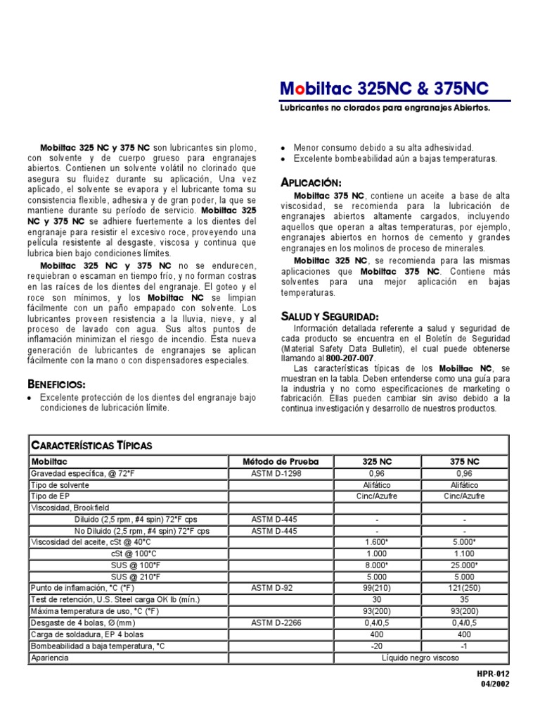 Lubricantes Mobiltac 325 y 375 NC | PDF | Engranaje | Lubricante