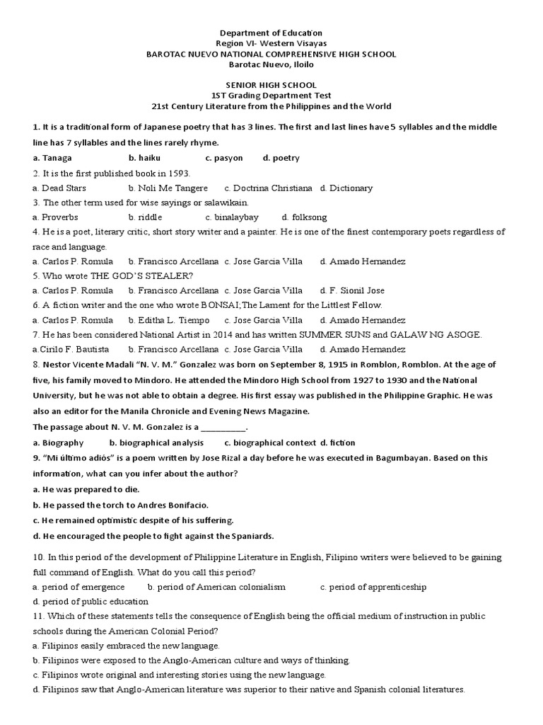 21st Exam | PDF | Philippines | Poetry