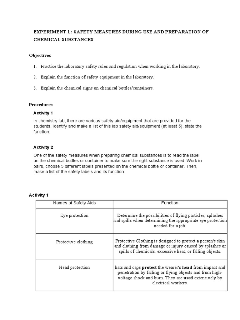 Experiment 1: Safety Measures During Use and Preparation of Chemical ...